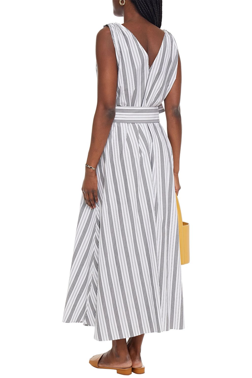 Brunello Cucinelli Belted Bead Embellished Striped Cotton Poplin Midi