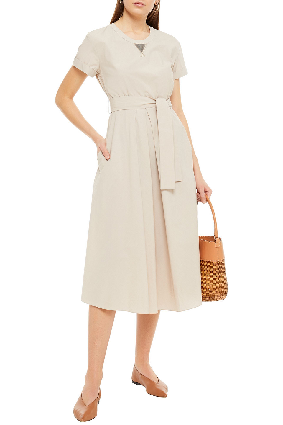 Brunello Cucinelli Belted Embellished Cotton Poplin Midi Dress In Beige