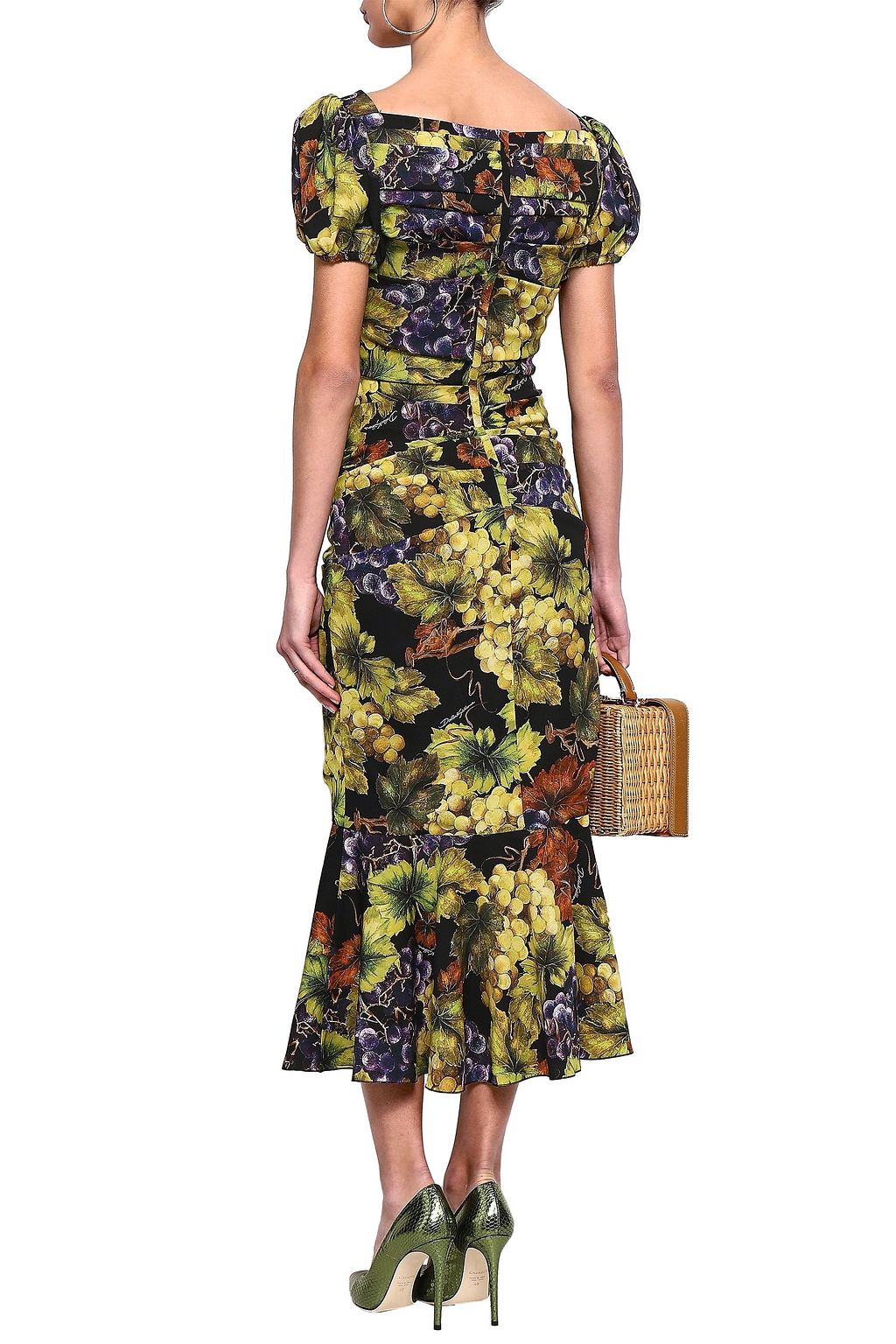 Black Wrap Effect Ruched Printed Silk Blend Midi Dress Sale Up To 70