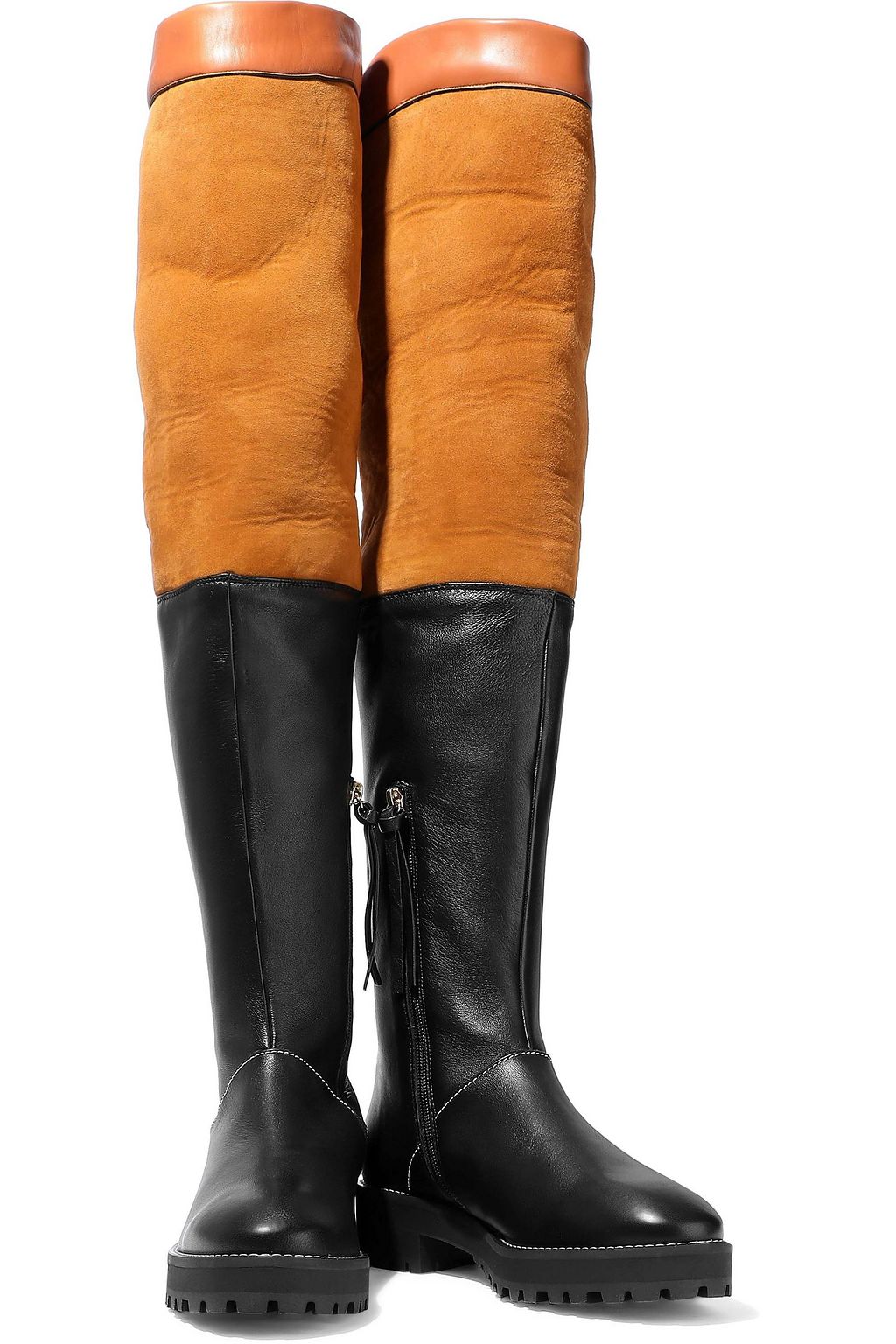 Black Two Tone Shearling And Leather Over The Knee Boots Sale Up To
